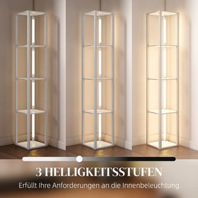 HOMCOM LED stojací lampa s policemi, moderní stmívatelná stojací lampa se 3 úrovněmi jasu a nožním spínačem, bílá
