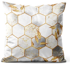 Dekorační velurový polštář Hexagony a listy - elegantní kompozice s geometrickými tvary