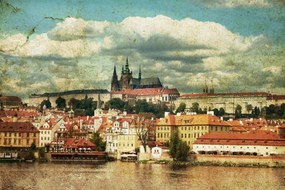 DIMEX | Samolepicí vliesová fototapeta na zeď Retro pohlednice - Praha MA-5-2134 | 375 x 250 cm | modrá, červená, bílá, hnědá