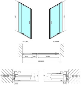 Polysan EASY BLACK sprchové dveře otočné 88 - 102 x 190 cm sklo Brick EL1738B