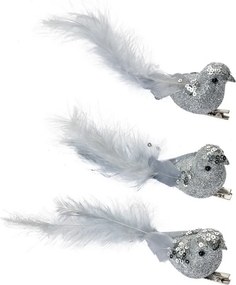 3ks stříbrná dekorace ptáček s peříčky na klipu - 12*3*4 cm