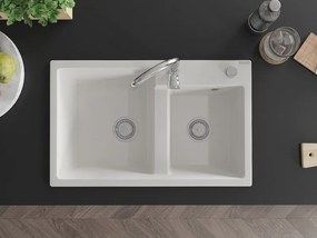 Mexen Tomas, granitový dřez 800x500x190 mm, 2-komorový, bílá, 6516802000-20