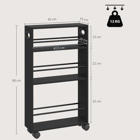 HOMCOM úzký pojízdný vozík se 3 policemi, 45 × 15 × 80 cm, černý