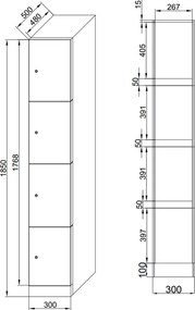 Šatní skříňka S1 s úložnými boxy, 4 boxy, 1850 x 300 x 500 mm, cylindrický zámek, modré dveře