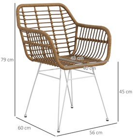 HOMCOM Sada 2 ratanových jídelních židlí, nosnost 120 kg, ergonomické, s opěradlem, ocelové nohy, boho styl, 56 x 60 x 79 cm, přírodní| Aosom