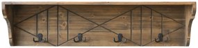 Hnědá antik dřevěná polička se 4 háčky Hooks - 91*20*23 cm