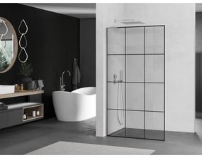 Mexen Kioto L, sprchová zástěna Walk-In 100 x 200 cm, 8mm čiré sklo černý vzor, ​​broušená ocel profil, 800-100-103-97-77
