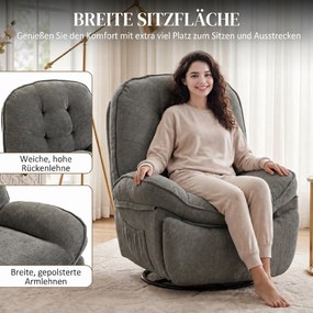 HOMCOM relaxační polohovací křeslo s otáčením 360° a houpáním, manuální chenille, široké sedadlo, vysoké opěradlo, opěrka nohou a boční kapsy, světle…