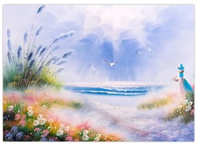 Skleněný obraz - Romantická pláž, olejomalba (70x50 cm)