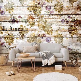 Fototapeta Venkov - barevné květiny a nápisy na bílém pozadí s texturou dřeva