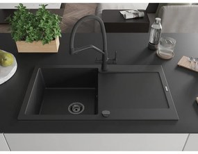 Mexen Leo, 1-komorový granitový dřez 900x500x190 mm a dřezová baterie Duo, černá, 6501-77-671701-70-B