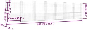 Gabionový koš ve tvaru U s 8 sloupky železo 860 x 20 x 200 cm 151295