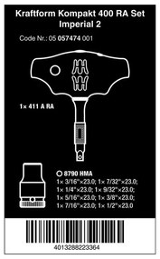 Wera 057474 Nástrčné hlavice 1/4" 3/16 ÷ 1/2" s T-rukojetí Kraftform Kompakt 400 RA Imperial Set 2 (Palcová sada 9 dílů)