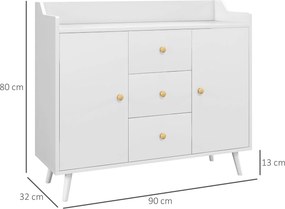 HOMCOM Moderní Komoda do Obývacího Pokoje s 2 Dveřmi a 3 Zásuvkami a Nohy z Borovicového Dřeva pro Jídelnu, Chodbu, Ložnici 90x32x80 cm Bílá