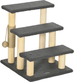 PawHut Kočičí Schody 3-Stupňové, 48 cm Pet Schody s Sisalovým Sloupem, Psí Schody s Hračkou, Pomůcka pro Vstup na Vyšší Postele, Borovicové Dřevo, Še…