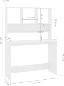 vidaXL Marketos Psací stůl a police bílý vysoký lesk 110x45x157 cm dřevotříska