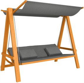 Outsunny Hollywoodská houpačka pro 3 osoby s funkcí lůžka, zahradní houpačka se stříškou, borovicové dřevo v šedé barvě a teak, 225,5x113x180cm