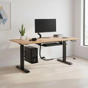 Výškově nastavitelný stůl OfficeTech C, 160 x 80 cm, černá podnož, buk