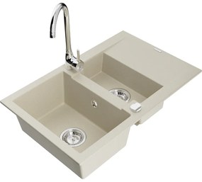Mexen Gaspar, granitový dřez 737x475x177 mm, 1,5-komorový a chromová baterie Telma, béžová, 6507-69-670200-00