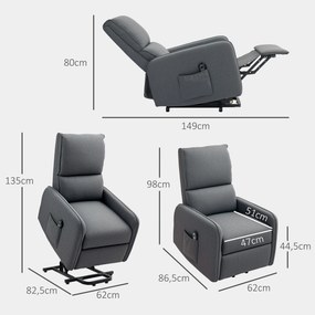 HOMCOM elektrické relaxační křeslo s asistencí při vstávání v lněném vzhledu, dálkové ovládání, sedadlo s pružinami, podnožka, šedé