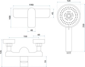 Rea Dart, nástěnná sprchová baterie 150 mm s ruční bodovou sprchovou soupravou, chromová, REA-B3303