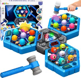 LEAN Toys Postřehová hra Whack-A-Mole s postavičkami pro 3 hráče, 3 režimy, svítící kladívka