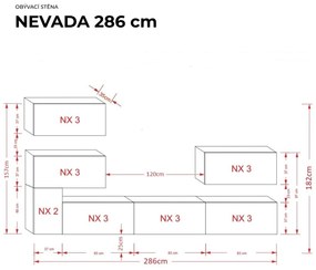 Ral Obývací stěna NEVADA 4, 286 cm - Černo/bílý lesk