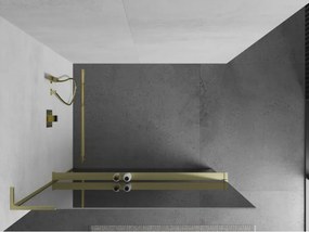 Mexen Kioto+ L, sprchová zástěna Walk-In s poličkou a věšákem 120 x 200 cm, 8mm sklo vzor zrcadlo, zlatý matný profil, 800-120-123-55-50