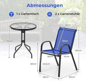 Costway 3 kusová sada balkonového nábytku bistro stůl s 2 stohovatelné židle