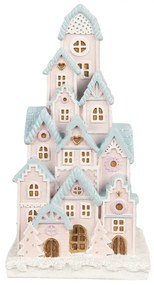 Růžovo-modrá svítící dekorace perníkové domky Gingerbread House - 13*13*26 cm