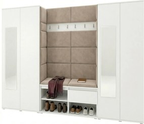 Předsíňová stěna Trinity 10 s čalouněnými panely, 280 cm, bílá / tmavě krémová