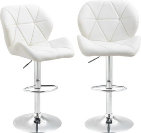 HOMCOM Set 2 Barových Židlí s Nastavitelnou Výškou, Kovová Základna a Sedadlo z PU Kůže, Židle s Opěradlem a Opěrkou Nohou, 51,5x57,5x93-114,5cm, Bílá