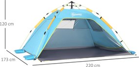Outsunny Plážový Stan s Vyklápěcími Okny a Zipovým Vstupem, Instantní Polyesterový a Skleněný Stan, 220x173x120 cm, Světlá modrá a žlutá