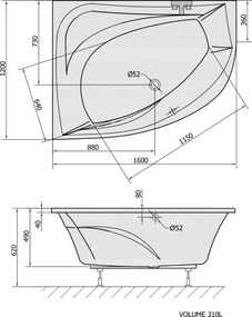 Polysan, TANYA L asymetrická vana 160x120x49cm, bílá, 65119