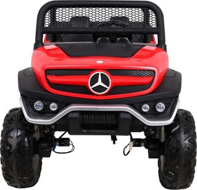 Ramiz Mercedes Benz Unimog elektrické autíčko pro děti červené + pohon 4x4 + dálkové ovládání + nosič zavazadel + pomalý start + MP3 + LED