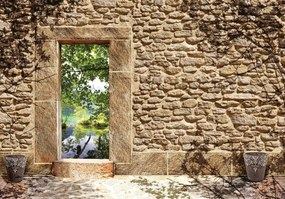 Fototapeta - Kamenná zeď - vstup k rybníku (254x184 cm)