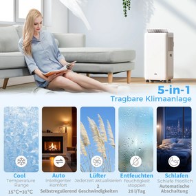 Mobilní klimatizace s odtahovou hadicí 12000 BTU 3,5 kW, 5 v 1, 24hodinový časovač, dálkové ovládání do 35㎡