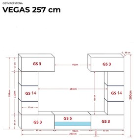 Ral Obývací stěna VEGAS 2, 257 cm - Černý lesk