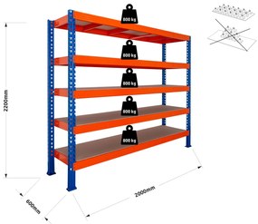 Nekonečný průmyslový regál 2200x2000x600, 5 police Barva: Oranžovo-modrá