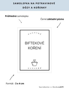 Samolepka na kořenky BIFTEKOVÉ KOŘENÍ průhledná 3 × 4 cm základní písmo