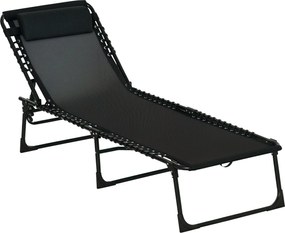 Skládací a nastavitelný lehátko Outsunny s 4 polohami sklopení - zahradní křeslo se systémem lanka pro venkovní použití, ocelový rám 189x58x30 cm, čer