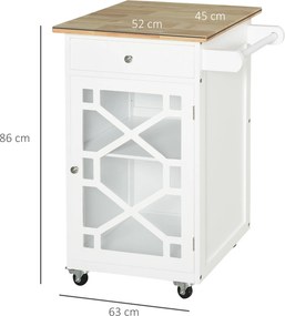 HOMCOM Servisní vozík - kuchyňský vozík na kolečkách - zásuvka, skříňka, držák na utěrky - rozměry 63L x 45W x 86H cm - bílá dřevěná konstrukce