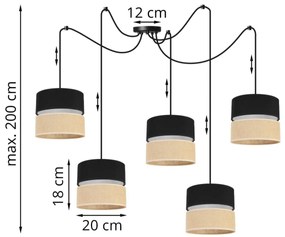 Závěsné svítidlo JUTA SPIDER, 5x jutové/černé textilní stínítko, B