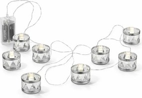 LED dekorační světelný řetěz na baterky 150 cm, stříbrné bubínky, teple bílá, 8 diod, interiér, 2× AA