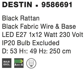 Nova Luce Závěsné svítidlo DESTIN železo a ratan, černá barva E27 1x12W
