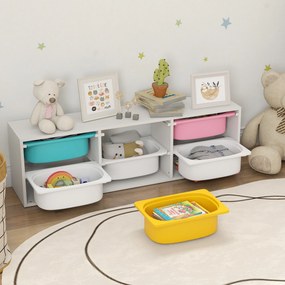 AIYAPLAY dětský úložný regál, 2 úrovně, úložný regál na hračky se 6 vyjímatelnými boxy, 97x21x29 cm, bílá