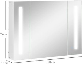 kleankin Zrcadlová skříňka 3 zrcadlová dvířka LED světla 90 × 15 × 65 cm bílá