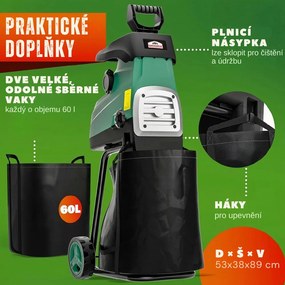 Zahradní štěpkovač/drtič DIOX+2x 60l pytel, 3100W černá/zelená Gardebruk