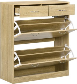 HOMCOM Úzká skříňka na boty s organizérem a 2 výklopnými zásuvkami a 2 vyjímatelnými zásuvkami pro 12 párů bot do předsíně 80x30x91,5 cm Dub