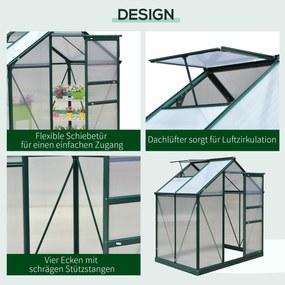 Outsunny Polykarbonátový Zeleninový Skleník 2,51 m² Hliníkový Skleník 190 x 132 x 201 cm UV-odolný, se Zpevněným Základem, Okapem, Střešním Okénkem a…
